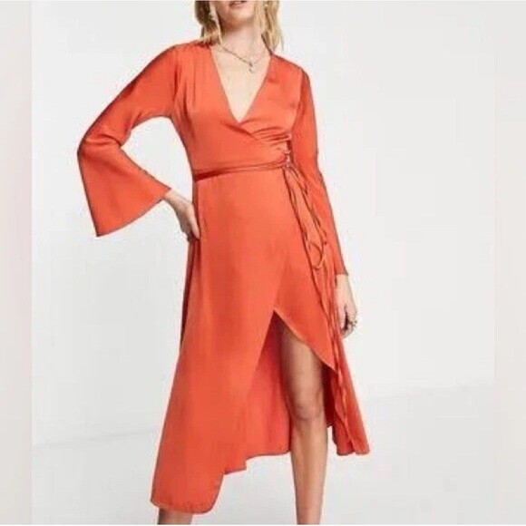ASOS | Dresses | Asos Red Satin Look Midi Wrap Dress Ruffle Bell ...